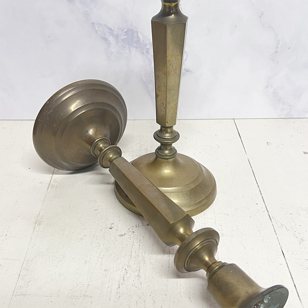 Large antique French brass candlesticks from Bellevue Vintage